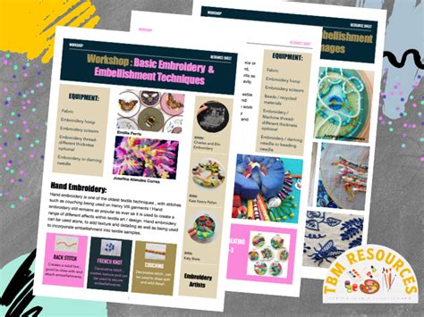 Basic Embroidery And Embellishment Techniques Workshop Handout Teaching Resources