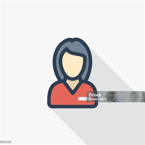 빨간색 유니폼 아바타 얇은 라인 플랫 컬러 아이콘에서 아름 다운 여자 선형 벡터 기호입니다 화려한 긴 그림자 디자인입니다 가리키기에 대한 스톡 벡터 아트 및 기타 이미지