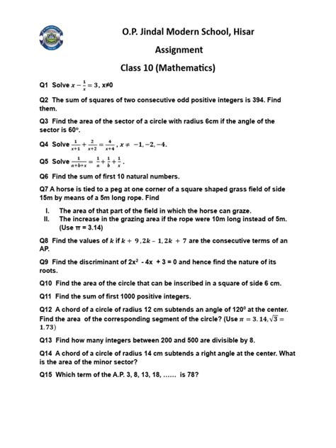 Maths Assignment Class 10 Pdf