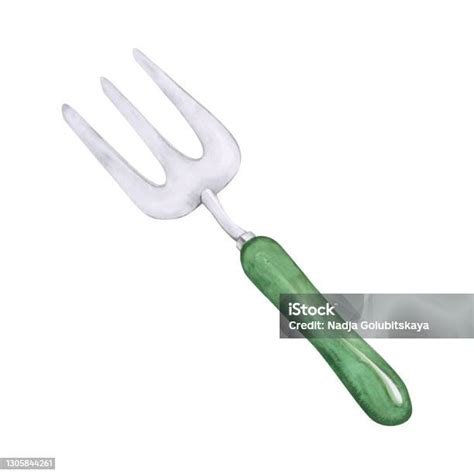 흰색 배경에 고립 된 수채화 정원 포크 그린 손잡이가 달린 손으로 그린 금속 기구 당신의 디자인을위한 정원 이나 부엌 클립 아트