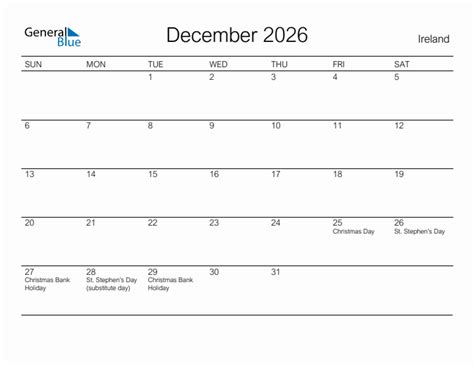 Printable December 2026 Monthly Calendar With Holidays For Ireland