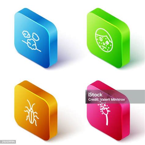 등각 투영 선 먼지 건선 또는 습진이있는 얼굴 바퀴벌레 및 꽃가루 생성 아이콘을 설정합니다 벡터 3차원 형태에 대한 스톡 벡터 아트 및 기타 이미지 Istock