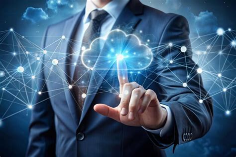 businessman touching connect to data information on cloud computing