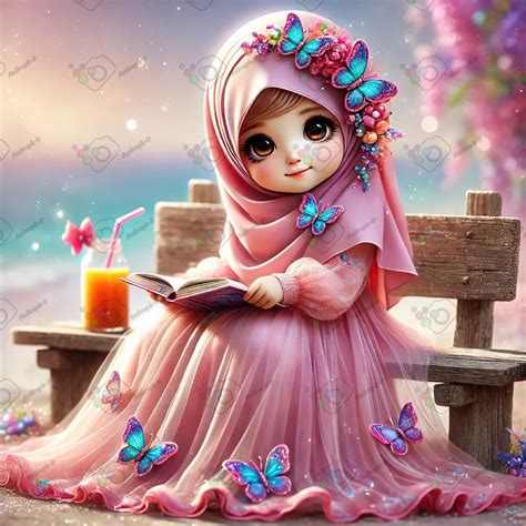 بک گراند کودکانه دختر کوچولوی ناز با حجاب با کتاب و آب پرتقال نشسته روی نیمکت چوبی در ساحل کد