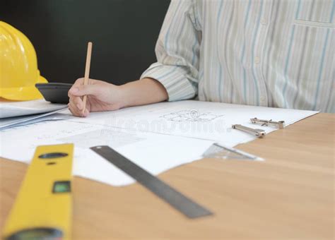 Architect Engineer Working On House Blueprint Of Real Estate Pro Stock Image Image Of Hardhat