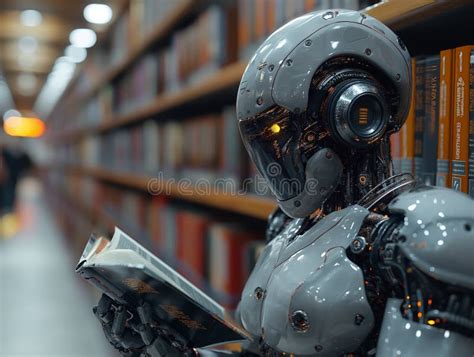 Modern Robot In The Library Reads Books Ai Research Of Robot And