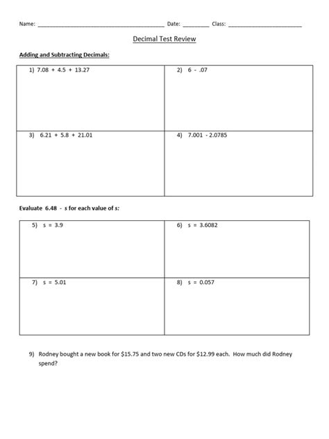 Decimal Test Review Pdf Mathematics Arithmetic