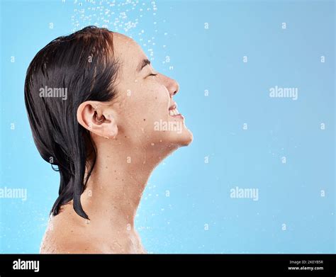 Asian Woman Shower And Water For Cleaning Smile And Happy In Blue