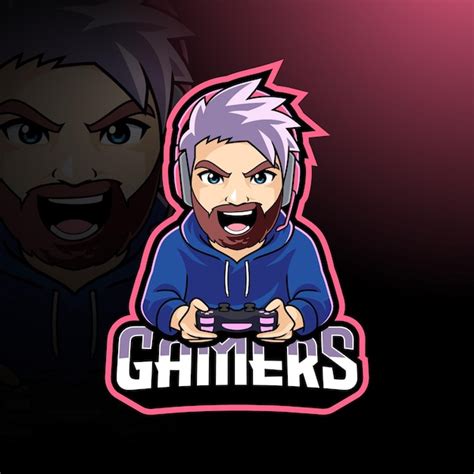 소식통 게이머 수염 마스코트 E스포츠 게임 로고 템플릿 프리미엄 벡터