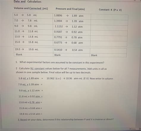 Solved Data And Calculation Volume And Corrected Ml Chegg Com