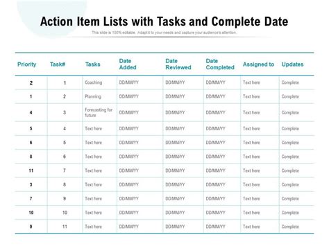 Action Item Lists With Tasks And Complete Date Templates PowerPoint Presentation Slides