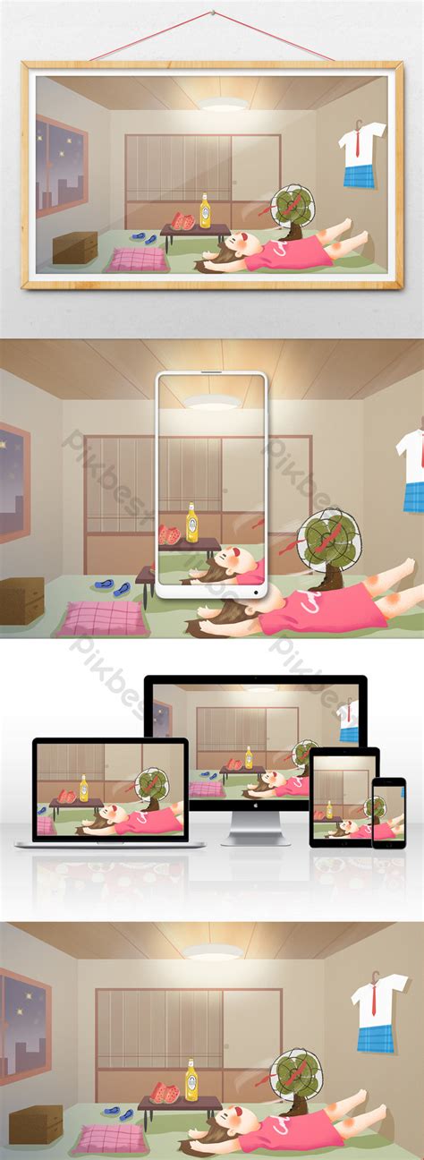 Big Summer Night Girl Lying At Home Blowing The Wind Drawing Illustration Illustration PSD