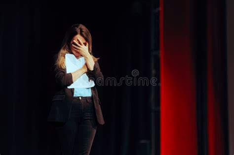 Shy Woman Holding Her Written Speech Feeling Stressed Out Stock Photo Image Of Mistake