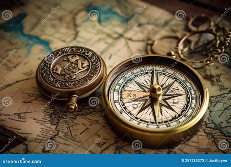 Vintage Compass Lying On An Old Map Generative Ai Stock Illustration Illustration Of