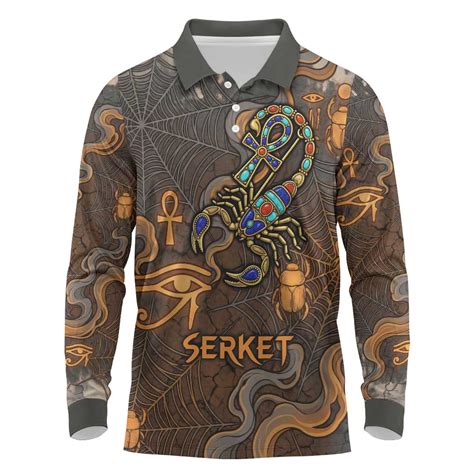 Serket Egyptian Long Sleeve Polo Shirt Jeweled Scorpion And Cobweb