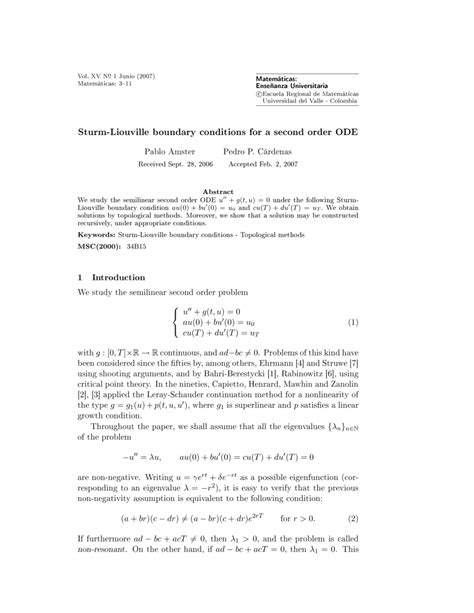 Pdf Sturm Liouville Boundary Conditions For A Second Order Ode