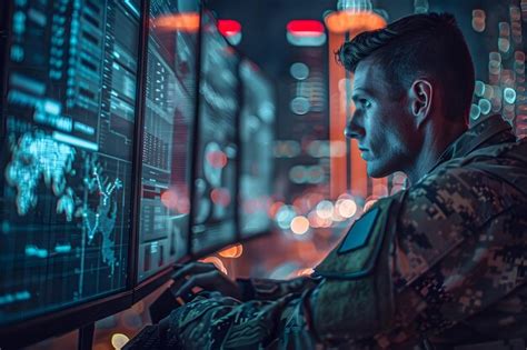 Soldier Analyzing Data In A Hightech Command Center At Night Premium Ai Generated Image