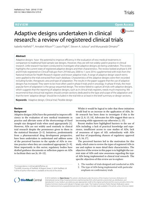 Pdf Adaptive Designs Undertaken In Clinical Research A Review Of Registered Clinical Trials
