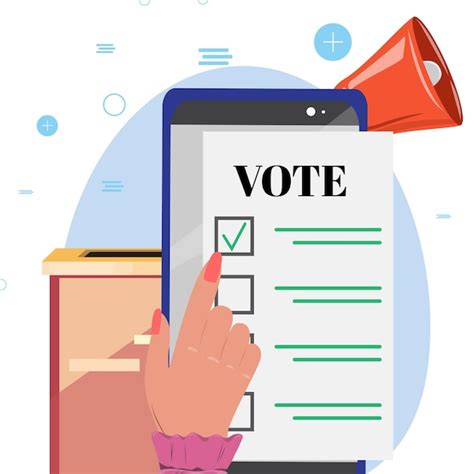 Premium Vector Hand Using Vote App On Phone Vote Box And Megaphone Visible In Background
