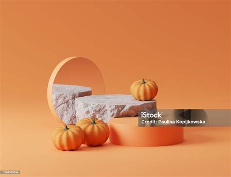 파스텔 오렌지 배경에 3d 바위 돌 받침대 연단 거울 반사가 있는 호박 할로윈 잭 O 등불 디스플레이 제품 홍보쇼케이스 으스스한 추상 3d 렌더링 일러스트레이션 할로윈에