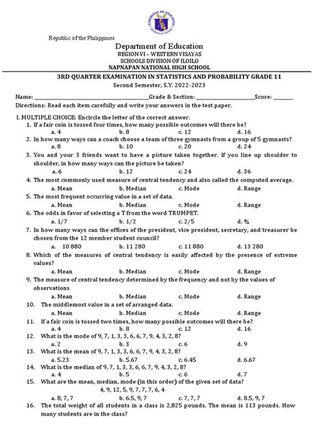grade 11 statandprob 3rd qtr pdf mode statistics mean