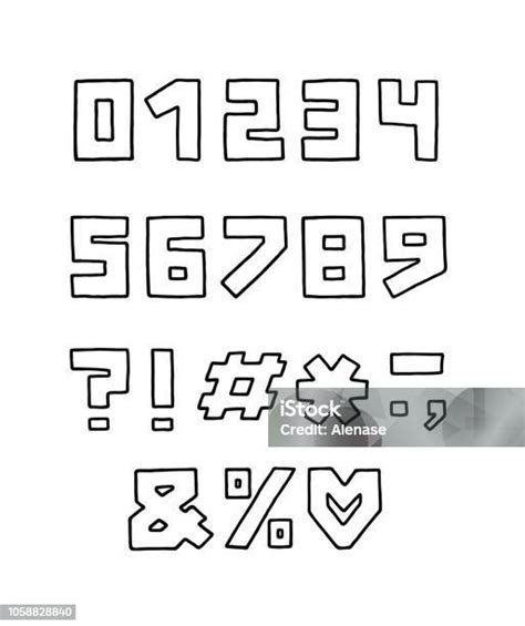 알파벳 낙서 디자인입니다 숫자와 문장 부호 굵은 글꼴 클립 아트 선형 스타일입니다 손으로 그린 벡터 일러스트 레이 션 Eps
