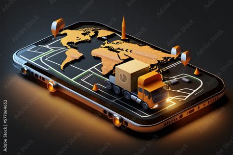 Online Map Navigator On Smartphone Transport Freight Truck Concept Gps Generative Ai Stock
