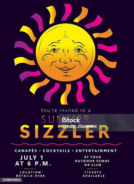 Summer Sizzler Party Invitation Design Template With Gradient Colors And Stylized Sun With