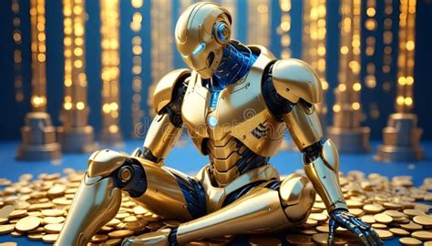 A 3d Illustration Of A Golden Robot Sitting On A Pile Of Gold Coins The Robot Has A Serious
