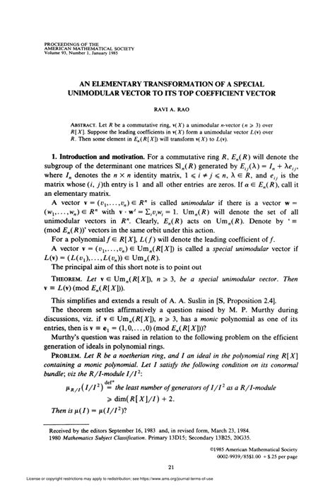 Pdf An Elementary Transformation Of A Special Unimodular Vector To