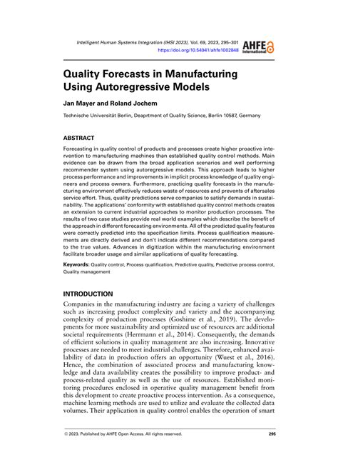 Pdf Quality Forecasts In Manufacturing Using Autoregressive Models