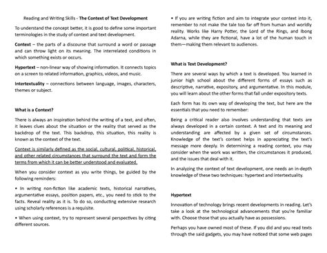 Reading And Writing Skills The Context Of Text Development Reading And Writing Skills The