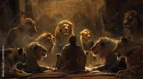 Daniel In The Lions Den Hungry Lions Surrounding Faithful Prophet