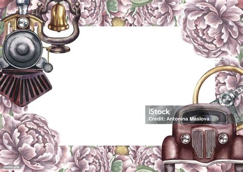 복고풍 자동차 증기 기관차 모란 꽃이 있는 빈티지 여행용 프레임 레트로 스타일의 여행 손으로 만든 수채화 일러스트 엽서 및 배너 전단지 포스터 인쇄물 0명에 대한 스톡 벡터