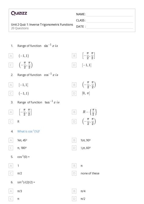 50 Inverse Trigonometric Functions Worksheets For 10th Grade On