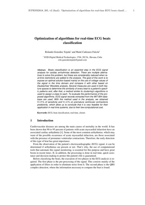 Pdf Optimization Of Algorithms For Real Time Ecg Beats Classification