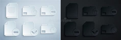 set document and check mark folder with minus clock delete and icon