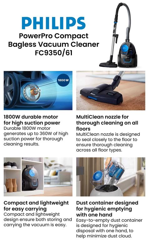 Philips PowerPro 1800W, Suction Power 330W, Power Cyclone 5 Technology ...