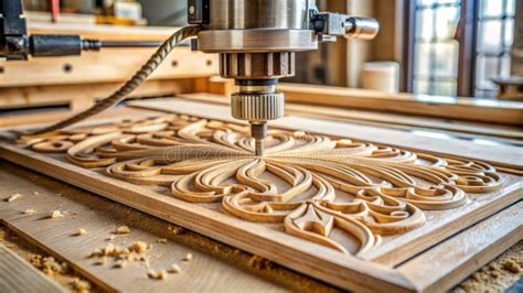 Precision Cnc Router Carving Intricate Designs On Wooden Furniture Manufacturing Process Stock