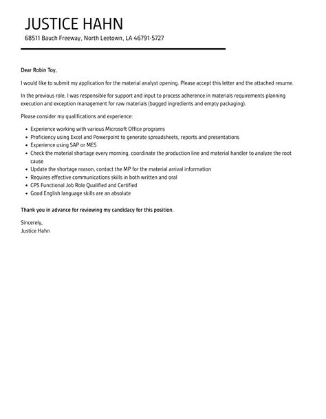 Material Analyst Cover Letter Velvet Jobs