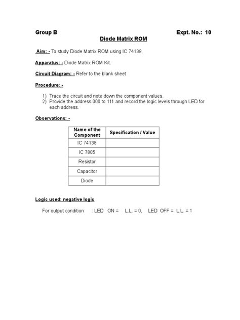 Group B Expt No 10 Diode Matrix Rom Pdf Read Only Memory