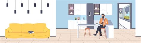 스마트 폰 모바일 앱 통신 개념 현대 커피 포인트 주방 인테리어 평면 전체 길이 수평을 사용 하 여 카운터 사람에 앉아 사업가 가구에 대한 스톡 벡터 아트 및 기타 이미지