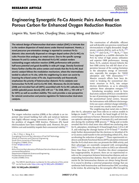 Engineering Synergetic Fe‐co Atomic Pairs Anchored On Porous Carbon For Enhanced Oxygen