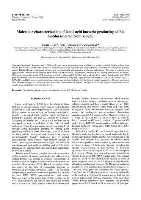 Pdf Molecular Characterization Of Lactic Acid Bacteria Producing Edible Biofilm Isolated From