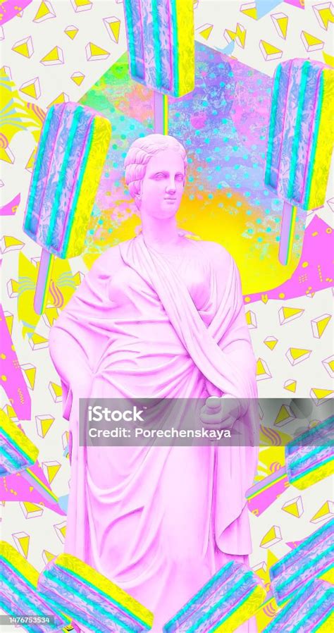 현대 디지털 콜라주 아트 현대적인 트리피 디자인 동상과 창조적 인 추상화 배경 세로 배너 골동품에 대한 스톡 사진 및 기타