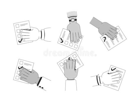 Multiple Hands Holding Voting Ballots Outline Illustration Set Stock Vector Illustration Of