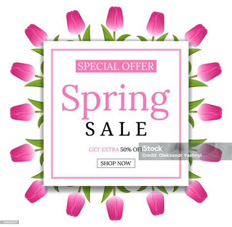 핑크 튤립 봄 판매 배너 템플릿 배경입니다 튤립의 사각 프레임입니다 바우처 배경 화면 전단지 초대장 포스터 및 브로셔 쿠폰 할인 인사말 카드 벡터 일러스트입니다 4월에 대한