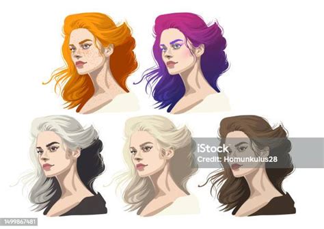 다양한 색상의 느슨한 곱슬 머리를 가진 아름다운 소녀의 초상화 개체 그룹에 대한 스톡 벡터 아트 및 기타 이미지 개체 그룹 곡선 곱슬 머리 Istock