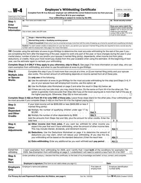 Free Irs Form W4 2026 Pdf Eforms