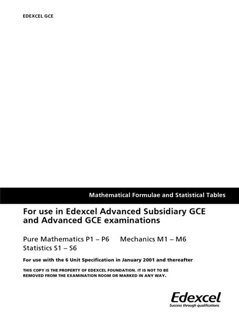Mathematical Formulae And Statistical Tables For Use In Edexcel